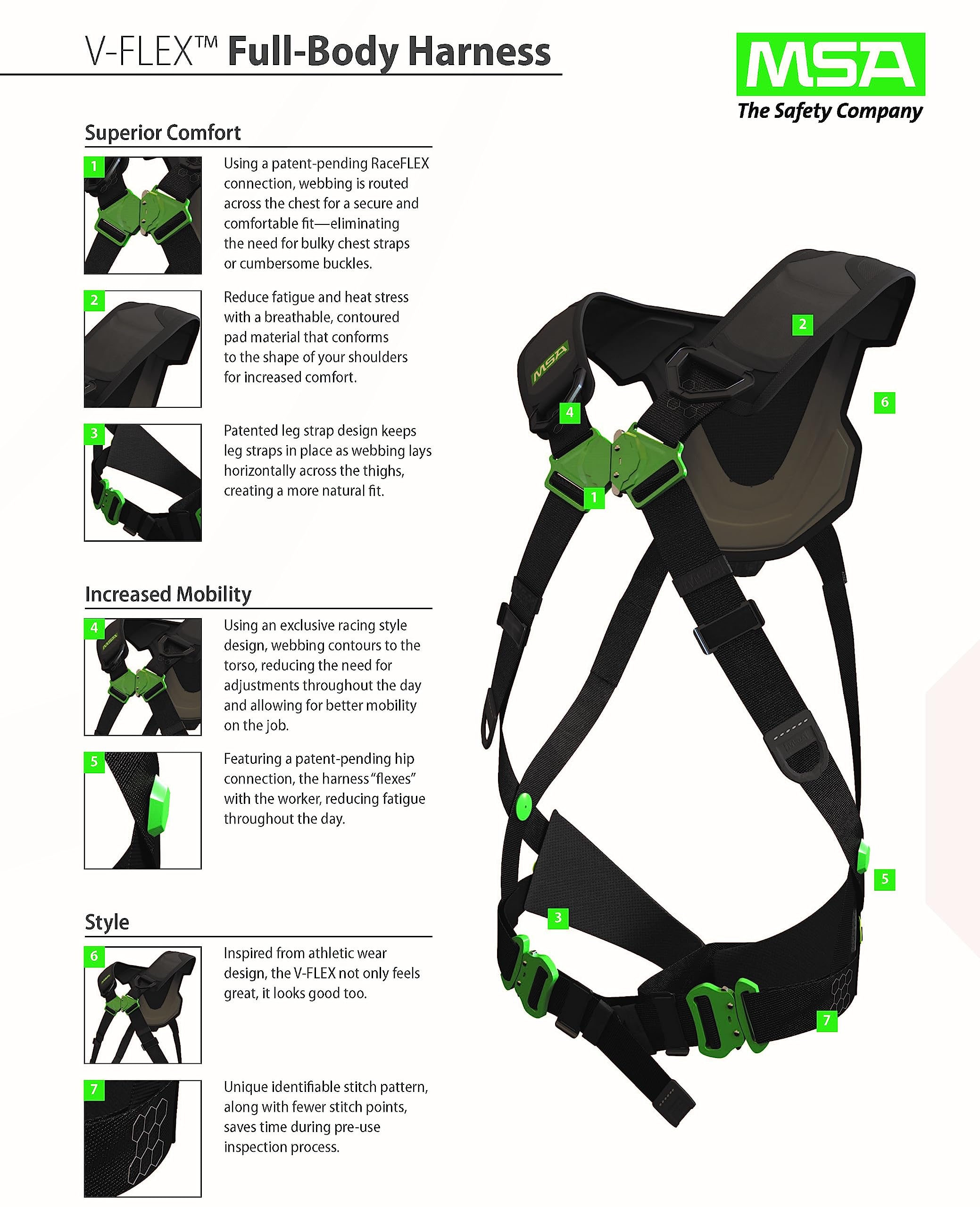 MSA 10196070 V-Flex Full Body Safety Harness - Size: Extra Large, D-Ring Configuration: Back, Quick Connect Leg Straps, Color: Black, Full Body Harness, Durable