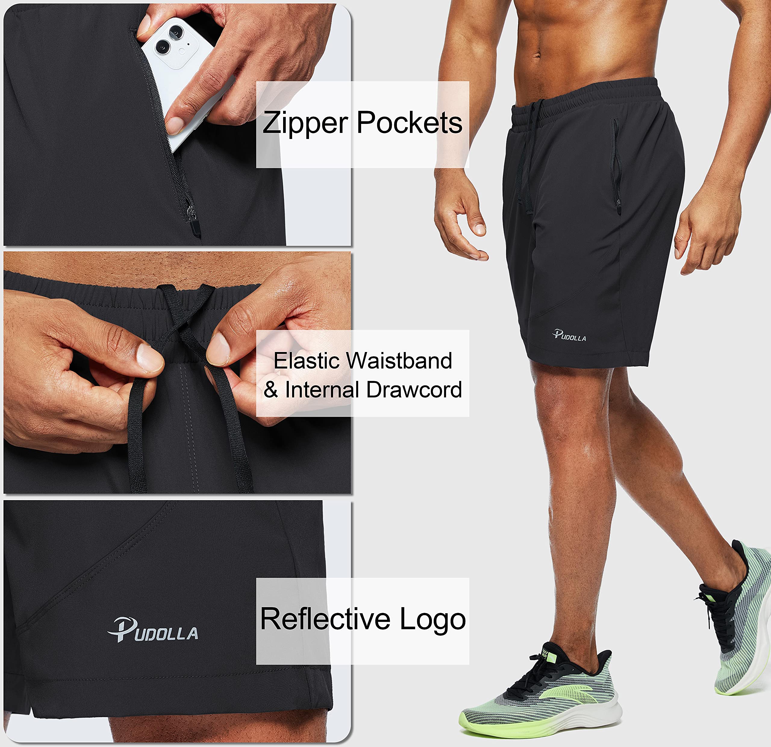 Pudolla Men's Workout Running Shorts Lightweight Gym Athletic Shorts for Men with Zipper Pockets (Black Medium)