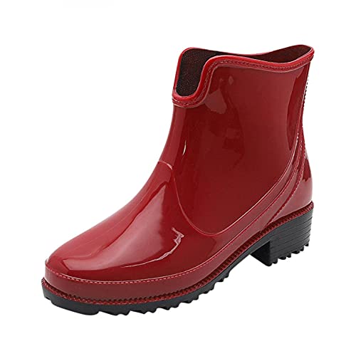 siilsaa Booties for Women, Womens Low Heel Comfy Rain Boots Round Toe Shoes Waterproof Middle Tube Heels Shoes Red