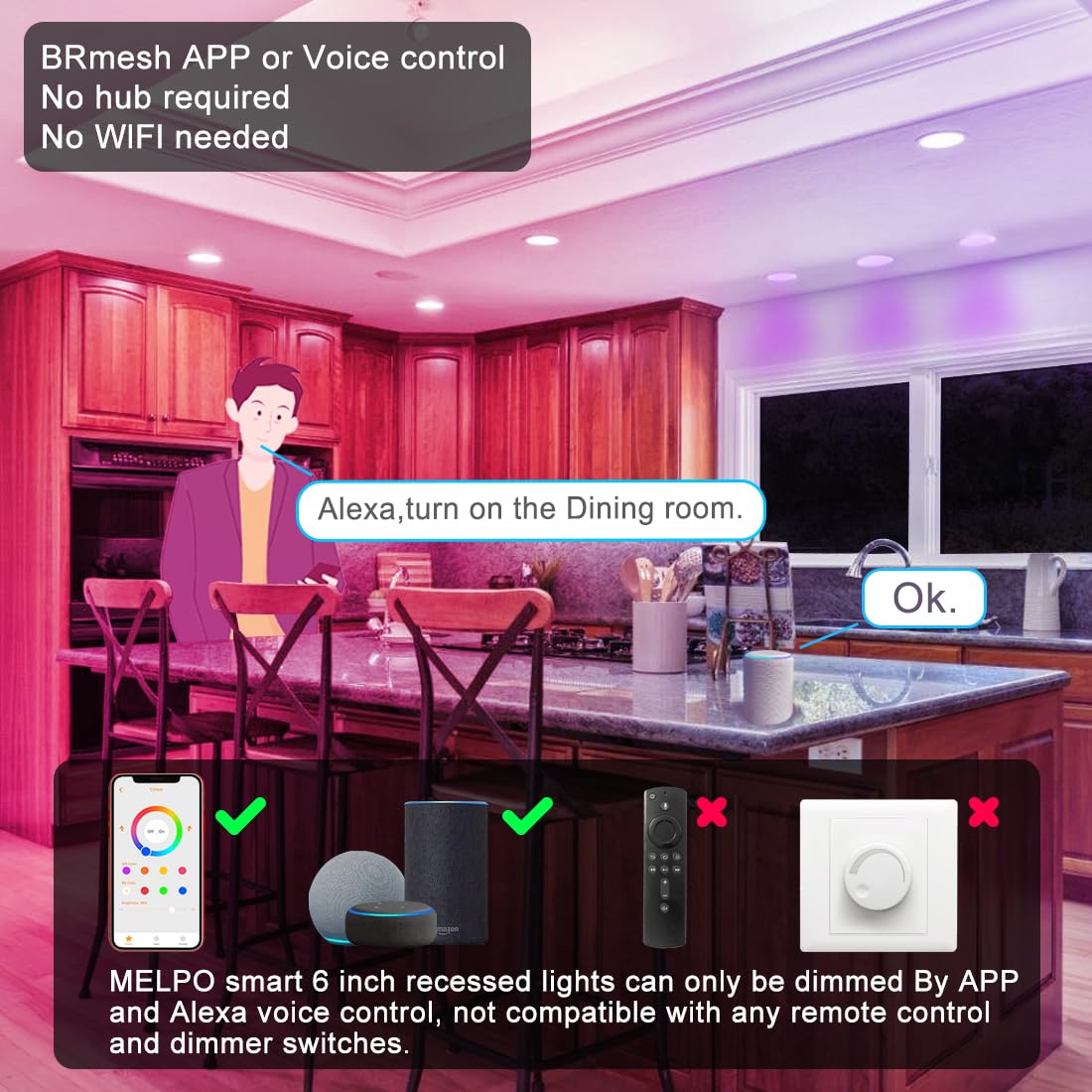 Smart Recessed Lighting 6 Inch Work with Alexa, 150W Equivalent 1500LM, Bluetooth RGB LED Ceiling Light,16W Daylight 5000K & 16 Million Colors& Timing& Music Sync, Color Changing Downlight (4 Pack)