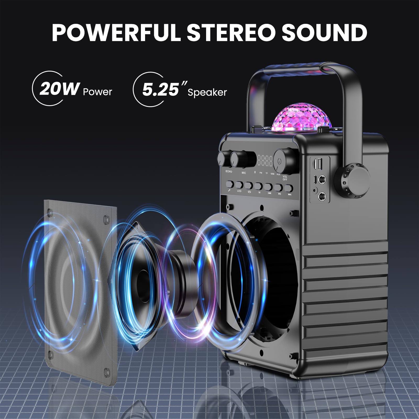 VerkTop Karaoke Machine, Portable Bluetooth Karaoke Speaker with 2 Wireless Mics for Adults Kids Singing Machine with Disco LED Lights Gifts for Girls Boys Home Party