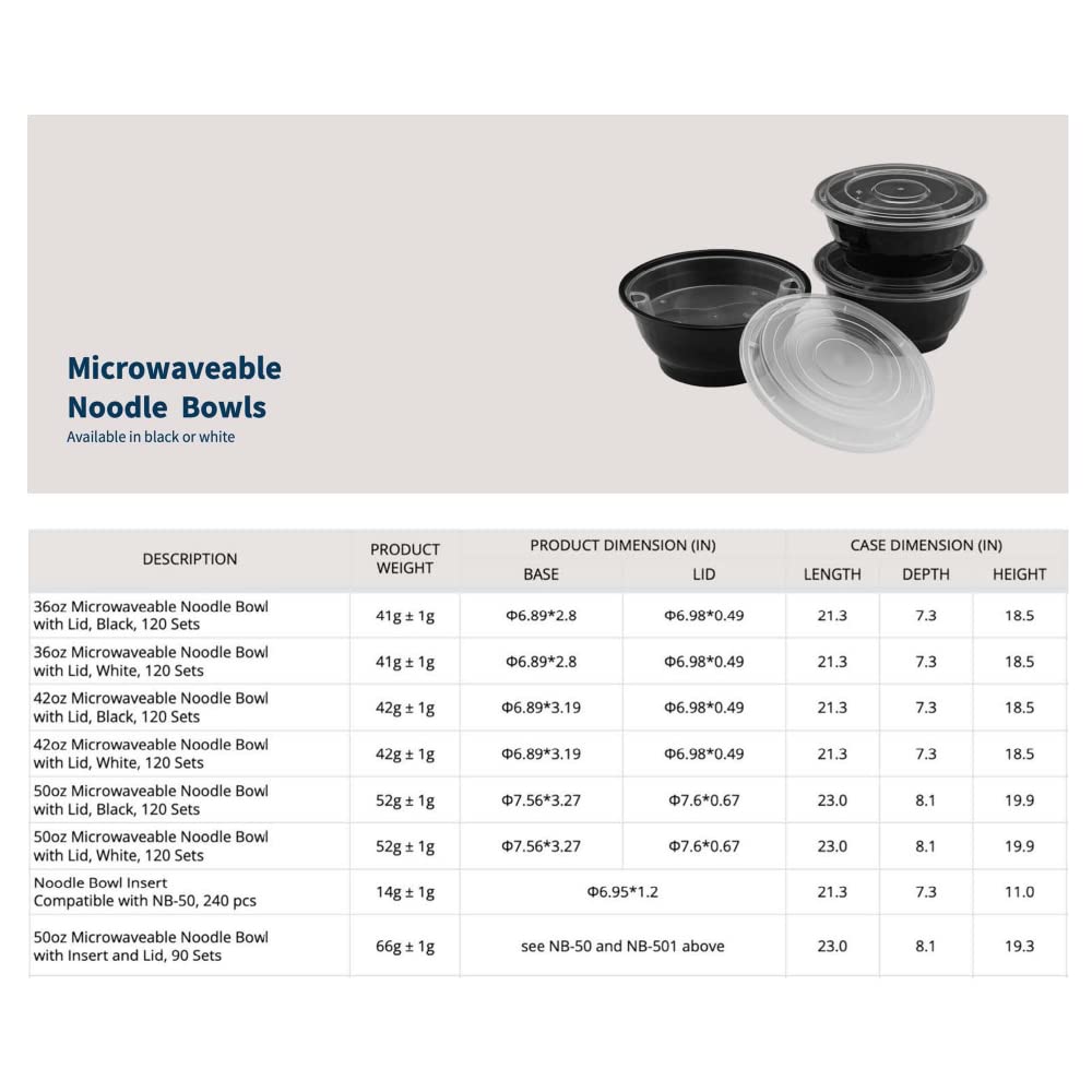 TIYA Food Takeout Bowls - Black Plastic Storage To-Go Containers - Reusable Microwavable Dishwasher Safe Restaurant Bowls - Leak Resistant for Soups & Meal Prep (42 oz Bulk 120 Pack with Clear Lids)