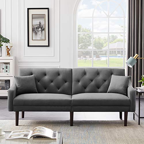 Olela Futon Sofa Bed Convertible Couch Bed with Armrests Modern Living Room Velvet Sofa Bed, Folding Recliner Futon Couch Sleeper Set with Wood Legs,Grey