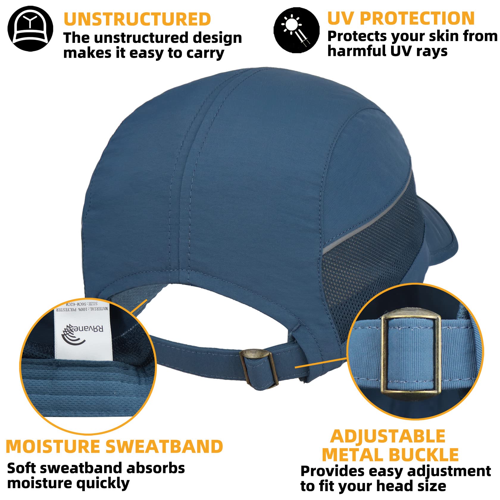 RRvane Folding UPF50+ Sun Protection Hat, Quick Dry Baseball Cap Unstructured Outdoor Sports hat Fit 22"~24-3/8" for Unisex (New, Teal)