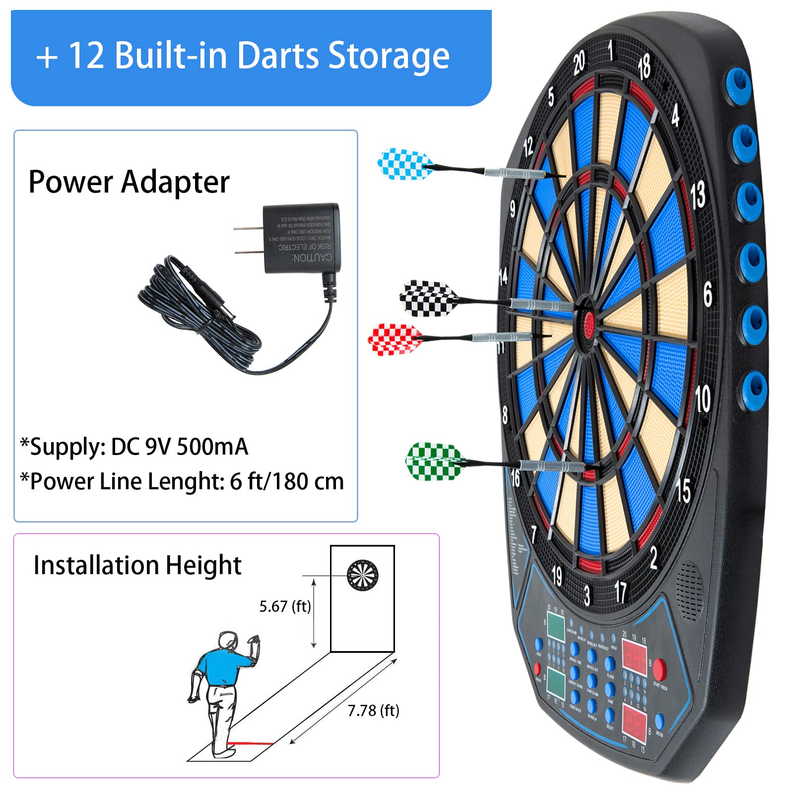 OLI Electronic Dart Board with 12 Soft Tip Darts, LED Display Automatic Scoring Dartboard Sets for Adults, 100 Plastic Tips & Power Adapter Include (Blue)
