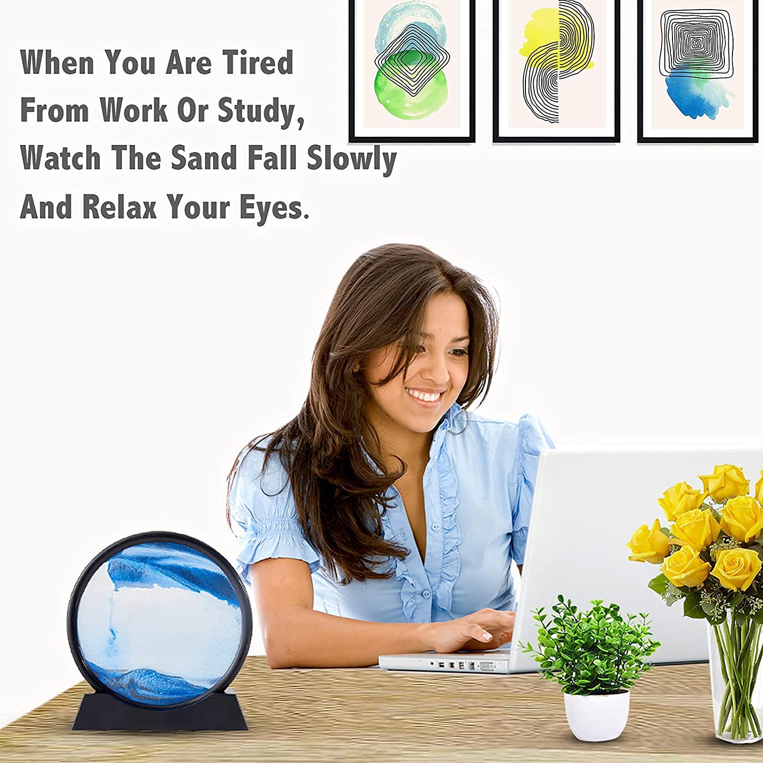 VEIRGAMO Moving Sand Art Picture Round Glass 3D Deep Sea Sandscape in Motion Display Flowing Sand Frame Relaxing office decorations for work Desktop Home Decor (7'', Blue)