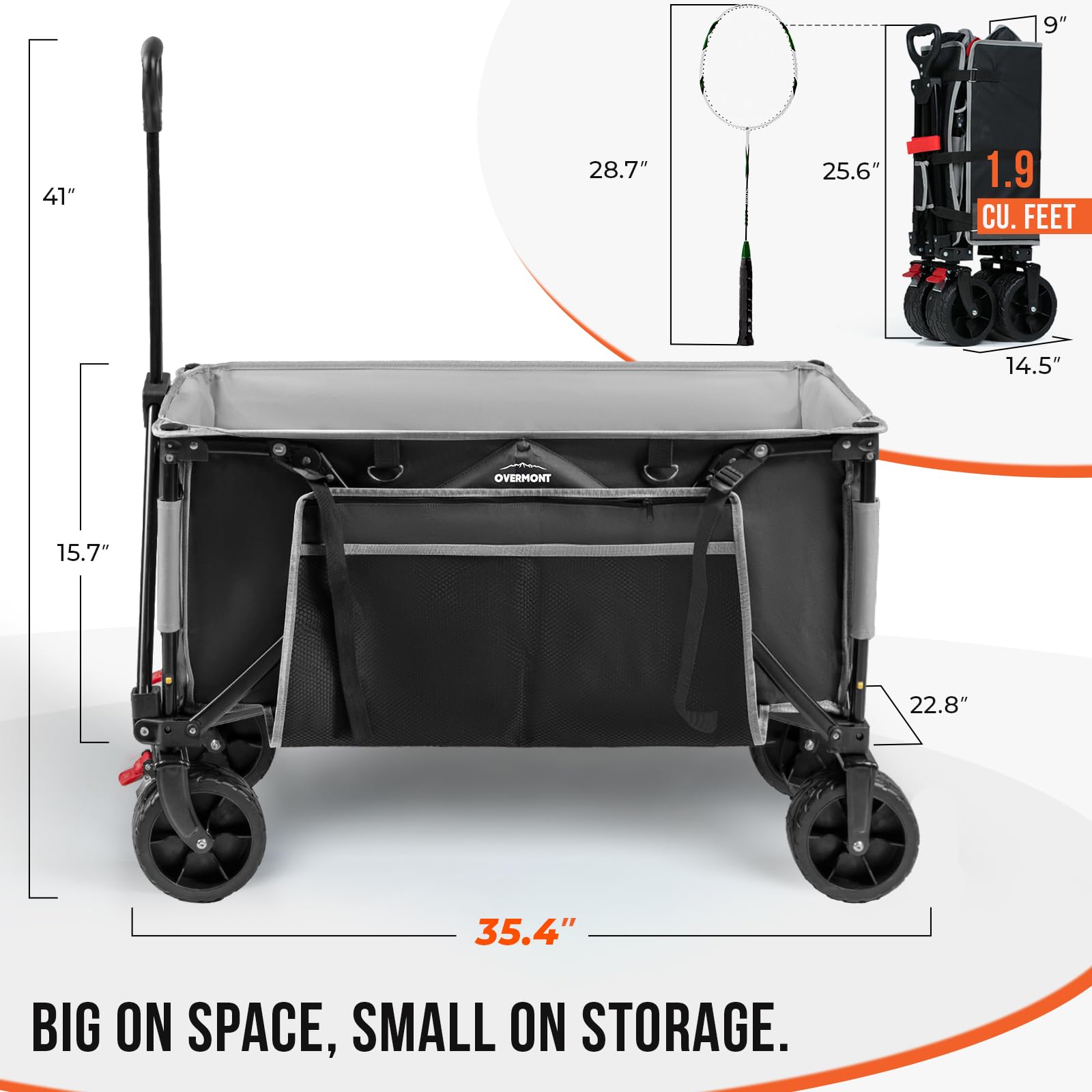 Overmont Collapsible Wagon Cart with Wheels - All-Terrain 3.2in Wide Wheels - Foldable 150L Large Capacity with Side Pockets for Camping Sports Garden Grocery Shopping - 330lbs Load