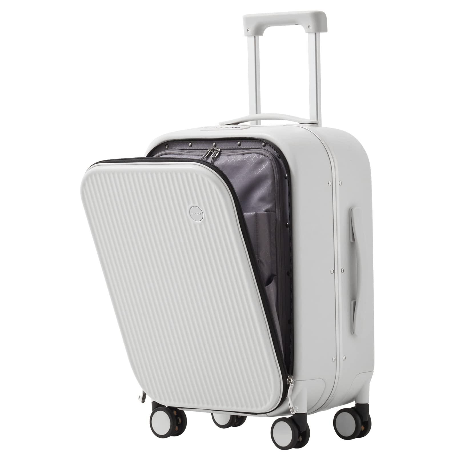 mixi Carry On Luggage, 18'' Suitcases with Spinner Wheels, Rolling Travel Suitcase with Front Laptop Pocket Luggage Aluminum Frame PC Hardside with TSA Lock and Cover, Smoke White