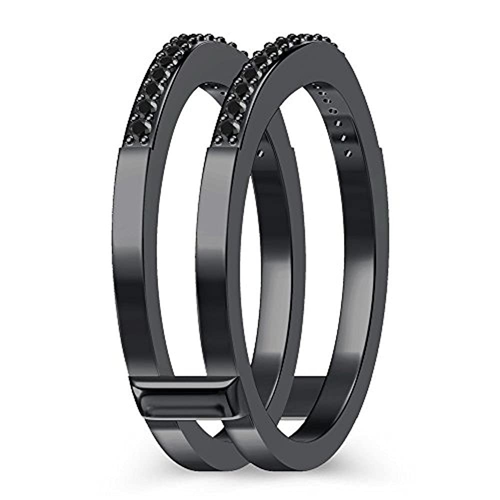 Round Cut Black Diamond Enhancer Engagement Wedding Ring 14K Black Gold Over 925 Sterling Silver Guard Wrap Jacket