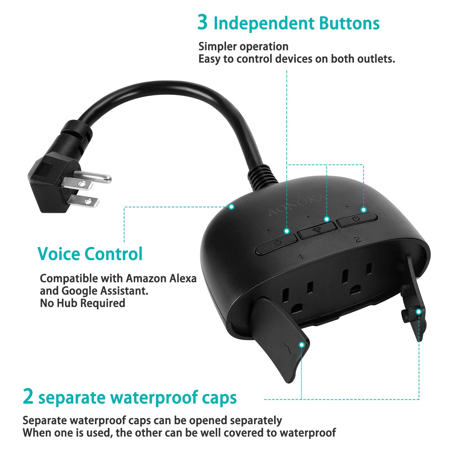 Outdoor Smart Plug, Outdoor Wi-Fi Outlet Heavy Duty with 2 Sockets, Programmable Timer Plug Compatible with Alexa, Google Home, IP64 Waterproof, Wireless Remote Control Timer by Smartphone 15A/1875W