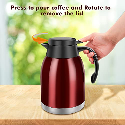 Stainless Steel Thermal Coffee Carafe Dispenser, Unbreakable Double Wall Vacuum Thermos Flask Large Capacity 56oz 1.6L Water Tea Pot Beverage Pitcher for Banquet and Easter Party(Bright Red)