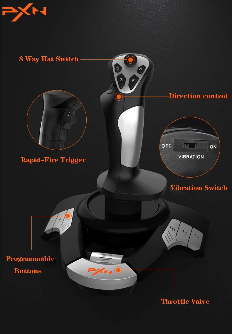 PXN-USB Flight simulation stick PC Flight Joystick Flight Joystick Controller, with Vibration Function Throttle Control, 12 Programmable Buttons, Compatible with Windows PC XP/VISTA/7/8