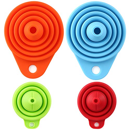 Siasky 4 Pcs Silicone Collapsible Funnel, Food Grade Foldable Kitchen Funnels for Water Bottle Liquid Powder Transfer