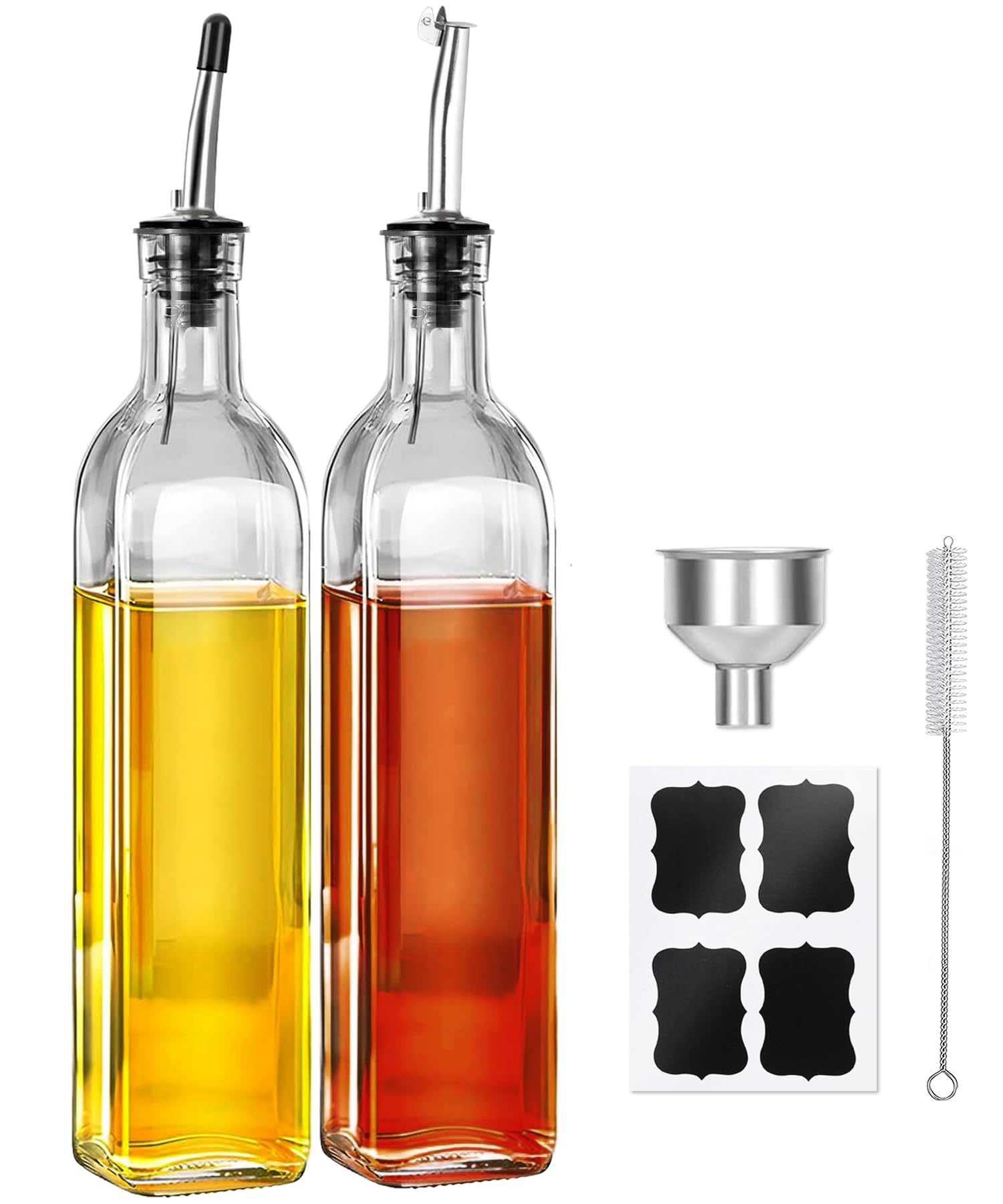 WEILAIDI Olive Oil Dispenser Bottle,2 Pcs Glass Oil Dispenser for Kitchen,Glass Olive Oil Dispenser and Vinegar Dispenser Set with 2 Stainless Steel Pourers, 4 Labels,1 Brush and 1 Funnel(500ML)