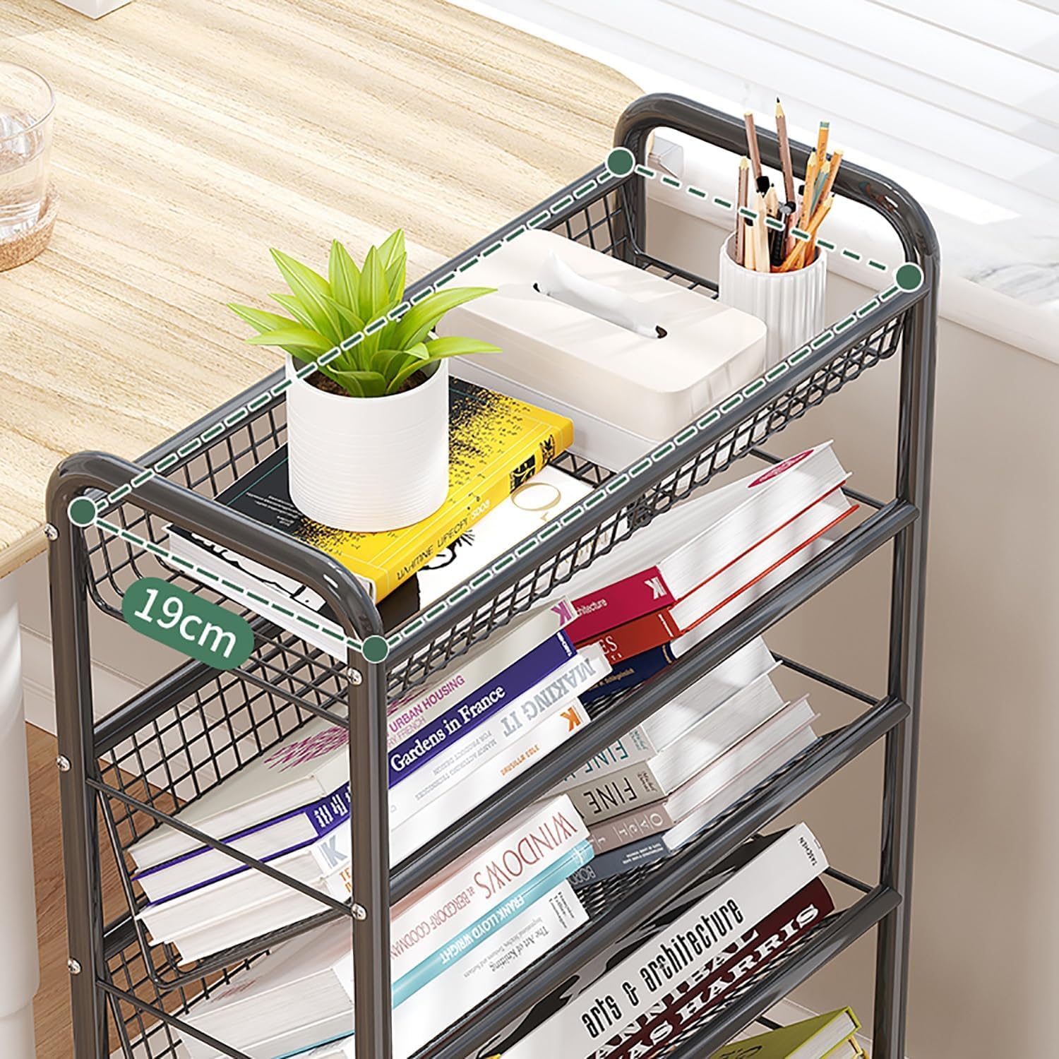 MOUNW Compact Rolling Book Cart, 6 Tiers Movable Bookshelf Cart Storage Rack, with 360° Universal Wheel, for Office, Kitchen, Bathroom