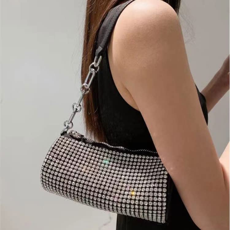 Rhinestone Purse Round Barrel Shape Women Blingbling Sparkle Crystal Clutch Shoulder Top Handle Handbag Chain Party Prom Boston Bucket