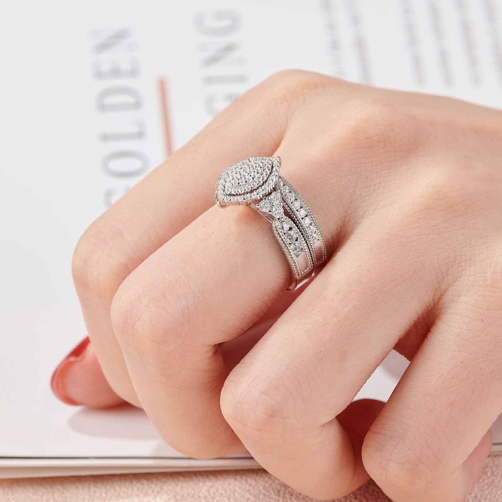 SHELOVES Marquise Shape Vintage Engagement Wedding Ring Sets White Round Cz 925 Sterling Silver Size 6.5