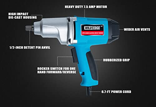 WILD EDGE Impact Wrench Kit, Heavy Duty 1/2 Inch Drive Corded Impact Gun, 7.5 Amp Max Torque 240 Ft-lbs & 2700 IPM, 4 Impact Sockets with Pin Anvil