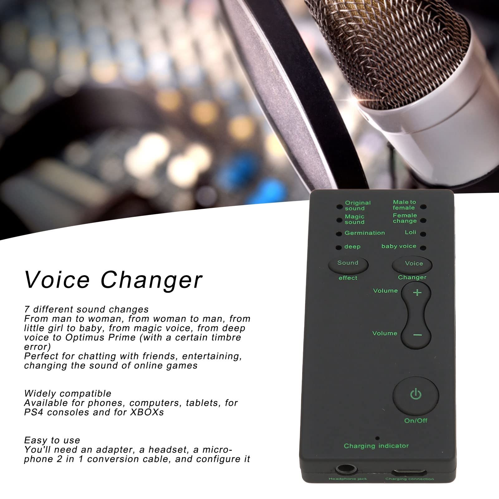 Voice Changer Disguiser, Portable Handheld Mini Gaming Live Sound Card, for PS4 PS5 Xbox One Switch Game Console PC Phone Laptop, 7 Types Sound Adjustable, Men, Women
