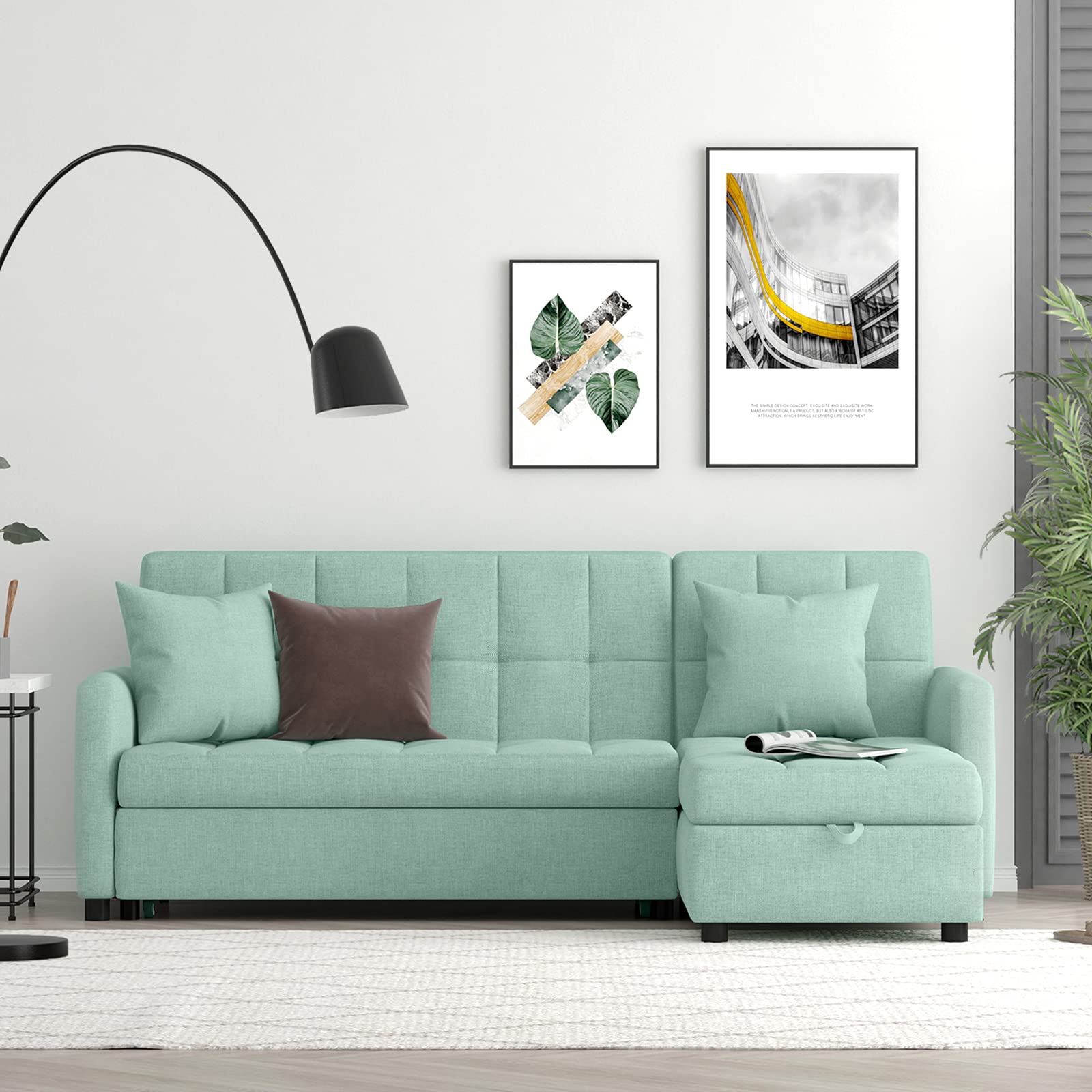 POVISON Reversible Sectional Sofa Sleeper, 82'' Wide Sectional Couch Pull-Out Sofa Bed L-Shape Upholstered Sofa Bed with Storage Chaise for Living Room (Green)