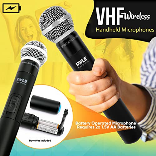 Pyle Wireless Karaoke Microphone System - Portable Audio Sound Mixer Receiver Set w/Dual Mic Setting, Two Handheld Mics, 3.5mm AUX & RCA Cord - for DJ Sound, Home Party, & Theater - PDKWM102UM