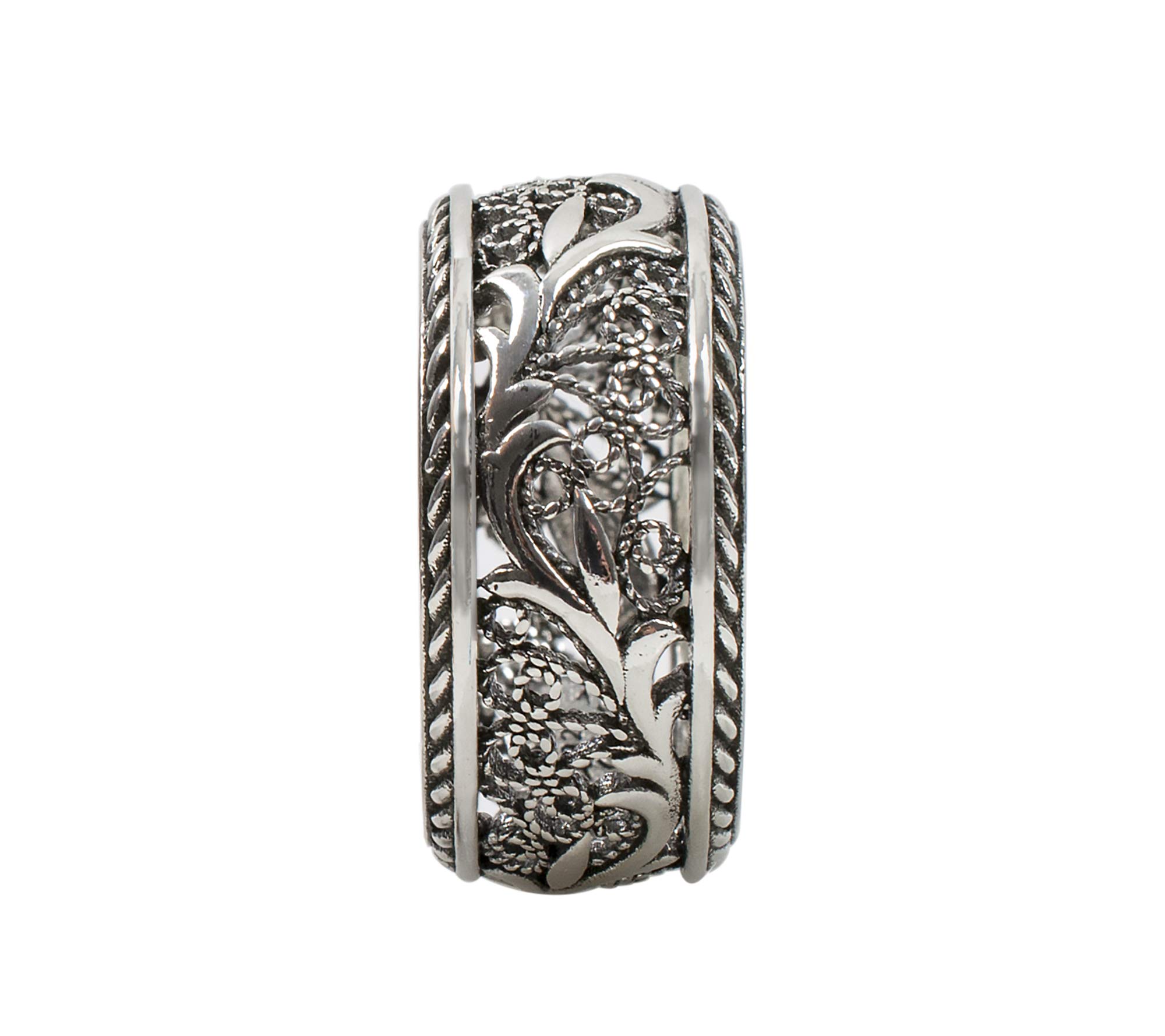 Ottoman Silver Collection 925 Sterling Silver Gold Accented Oxidized Eternal Paisley Figured White Statement Unisex Band Ring for You and Your Precious (Size 5-12) (oxidized-Silver, 11)
