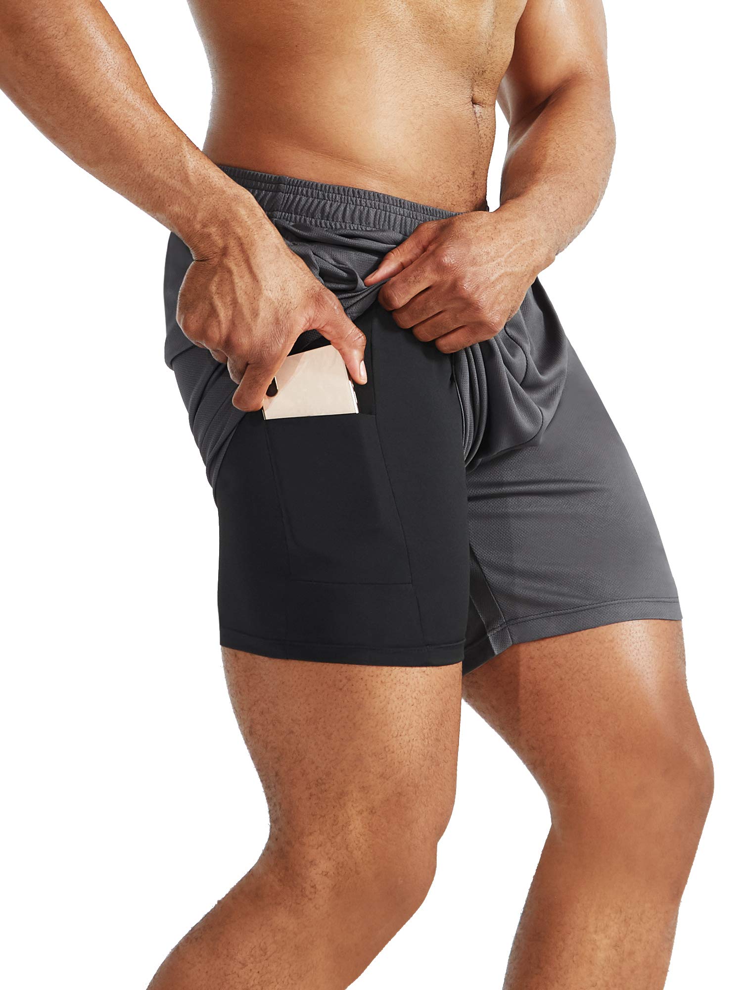 NELEUS Men's 2 in 1 Running Shorts with Liner,Dry Fit Workout Shorts with Pockets,6070,2 Pack,Black/Grey,US M,EU L