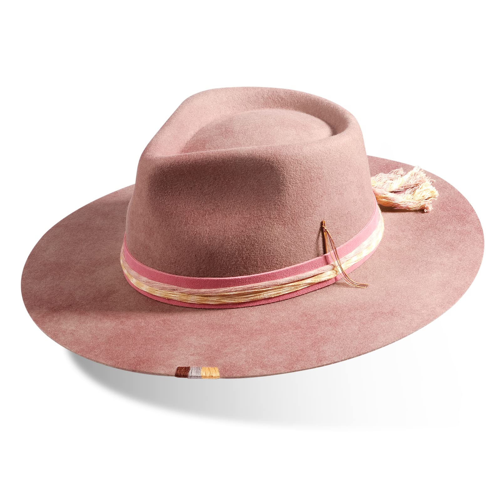 RUEDIGER Wide Brim Fedora Hats for Men Women 100% Wool Felt Panama Rancher Hat with Lightning Logo Distressed/Burned Handmade Pink