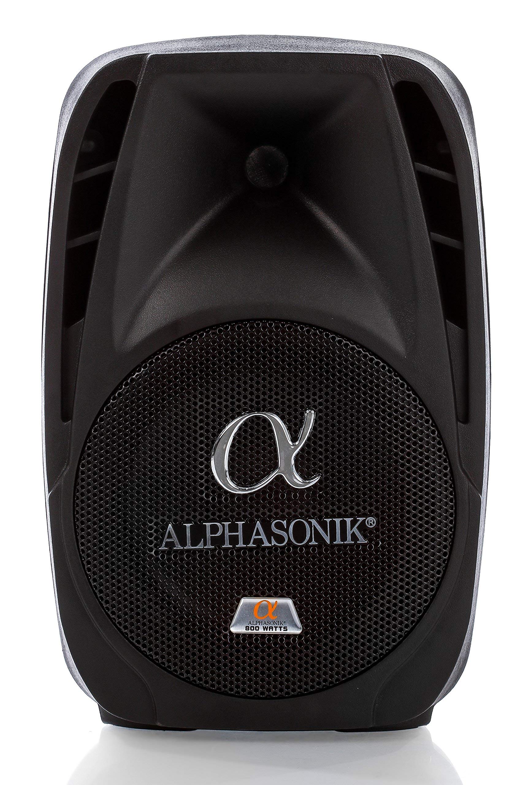 Pair Alphasonik All-in-one 8" Powered 800W PRO DJ Amplified Loud Speakers with Bluetooth USB SD Card AUX MP3 FM Radio PA System LED Lights Karaoke Mic Guitar Amp 2 Tripod Stands Cable and Microphone