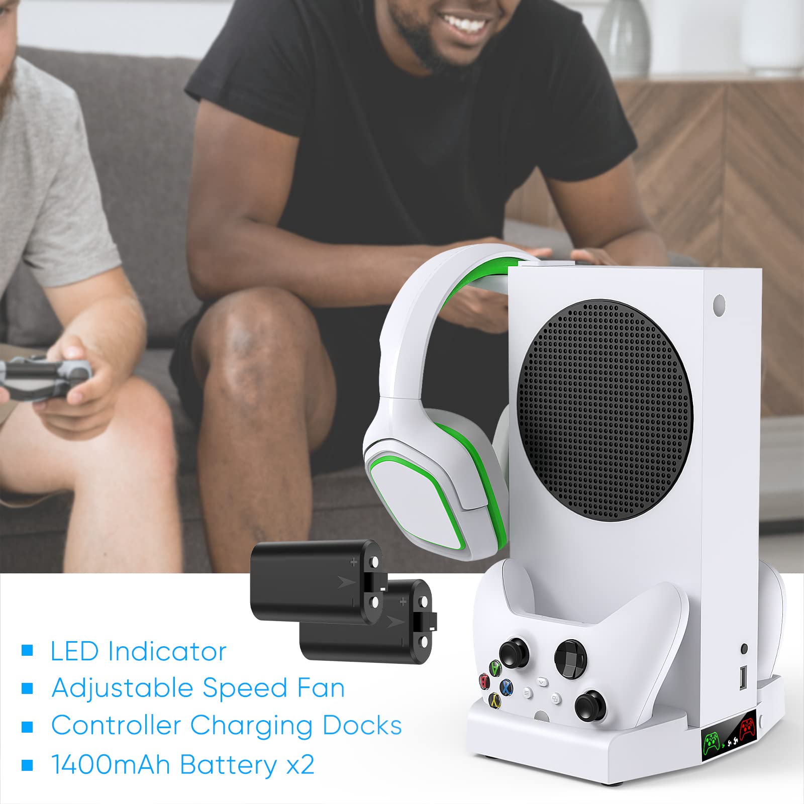 Vertical Cooling Stand Station for Xbox Series S with 2x 1400mAh Rechargeable Battery Pack &Suction Cooling Fan and Dual Controller Charger Dock, Extra USB Ports and Headphone Stand Accessories