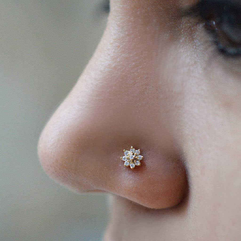 QWALIT Nose Studs 20g Nose Stud Diamond Nose Rings Stud for Women Surgical Steel Nose Piercing Stud Cute Nose Studs L Shaped Flower Heart Stud Nose Ring Gold