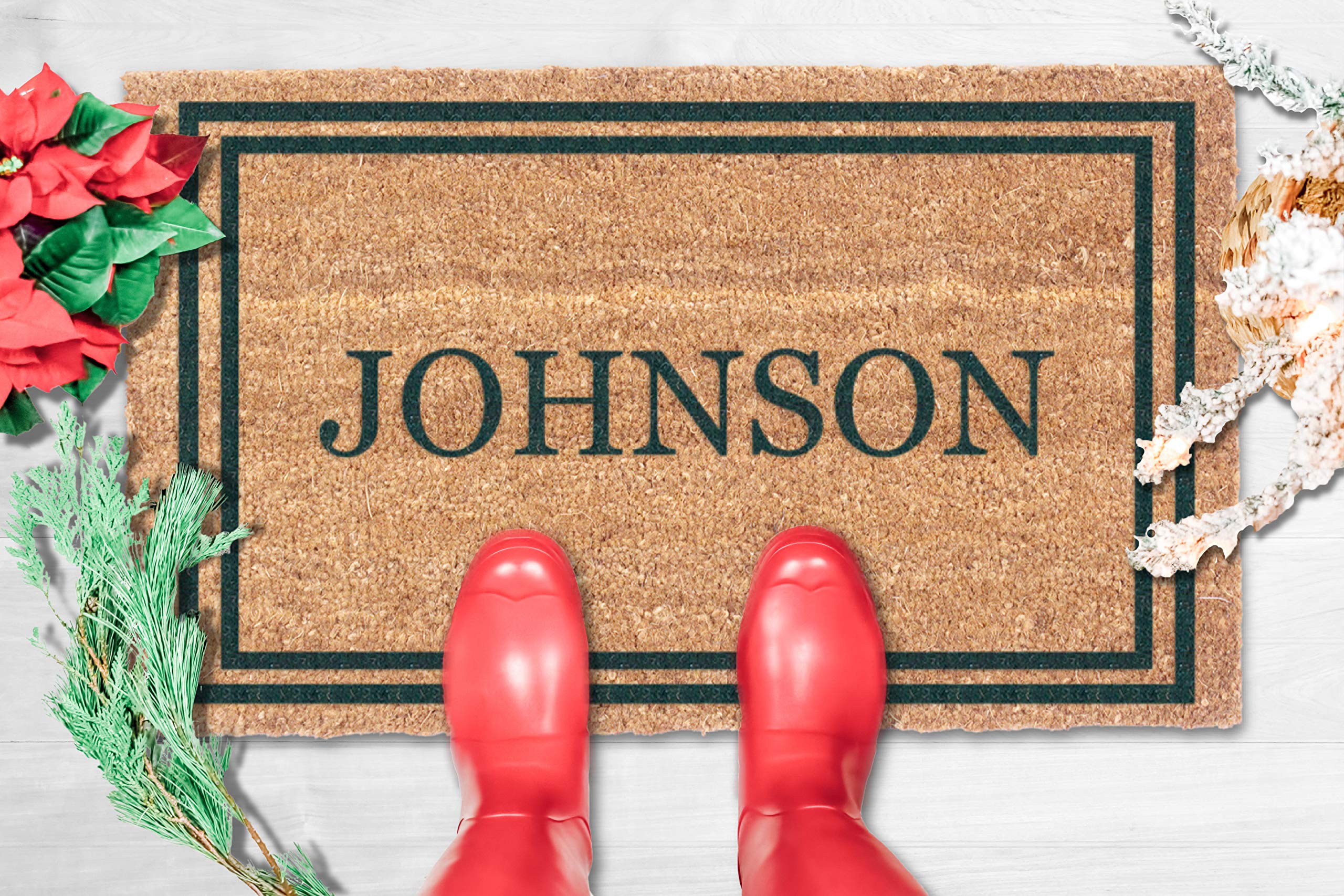 Personalized Front Door Mats Outdoor - Made in USA, Coir Welcome Mats with Vinyl Backing for Home Entrance, Custom Gift for Dad from Daughter, Son, Low Profile (22" x 36" Green Double Bordered)