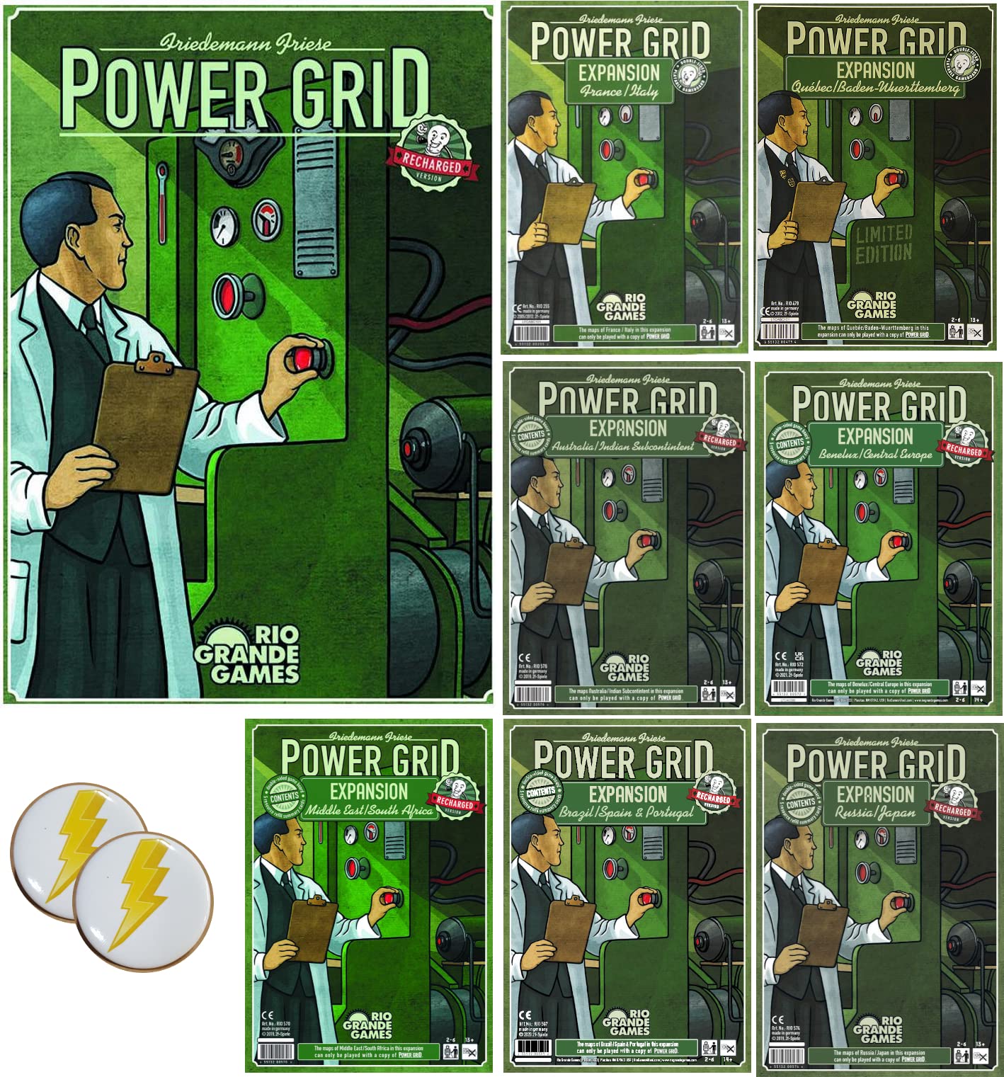 Power Grid Game Bundle of Base Game Plus Seven Expansions and 2 Lighting Bolt Buttons