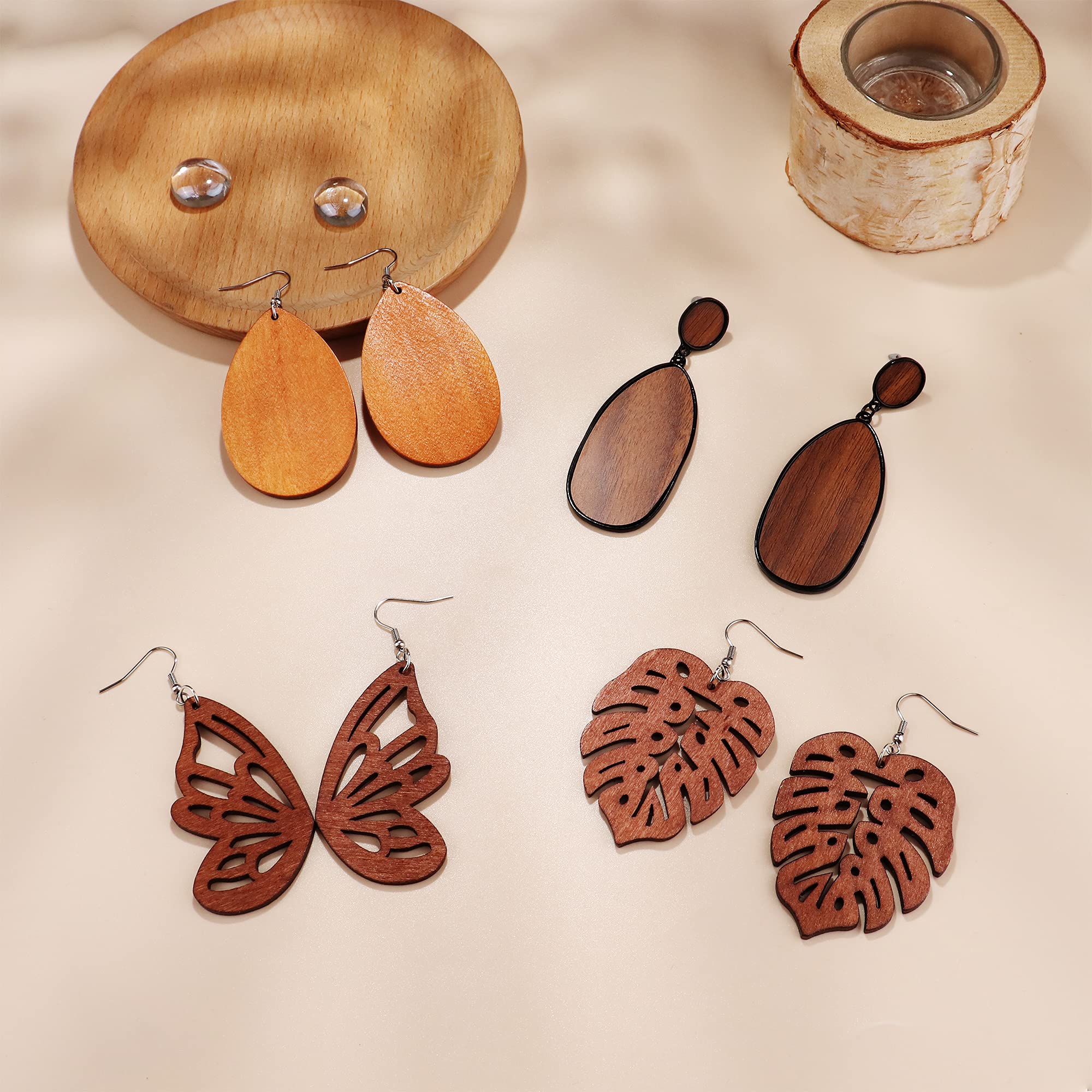 Sailimue 12 Pairs Wood Earrings for Women Natural Wooden Earrings Geometric Lightweight Drop Dangle Earrings Ethnic Style Statement Earrings