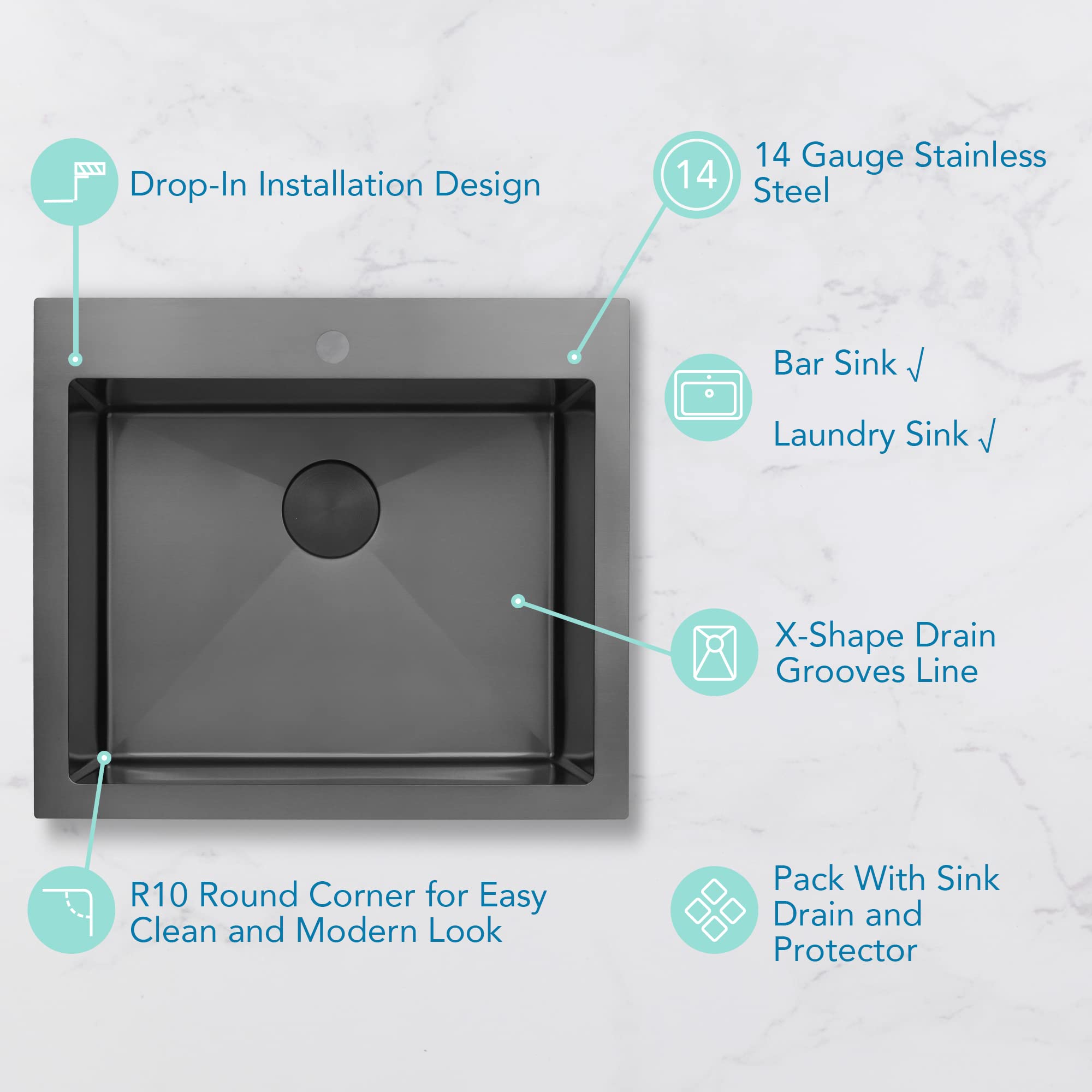 Zeesink Black Kitchen Sink 25" X 22",Single Bowl Kitchen Sink,Drop In Utility Sink,Top Mount Bar Sink,Stainless Steel Kitchen Sink