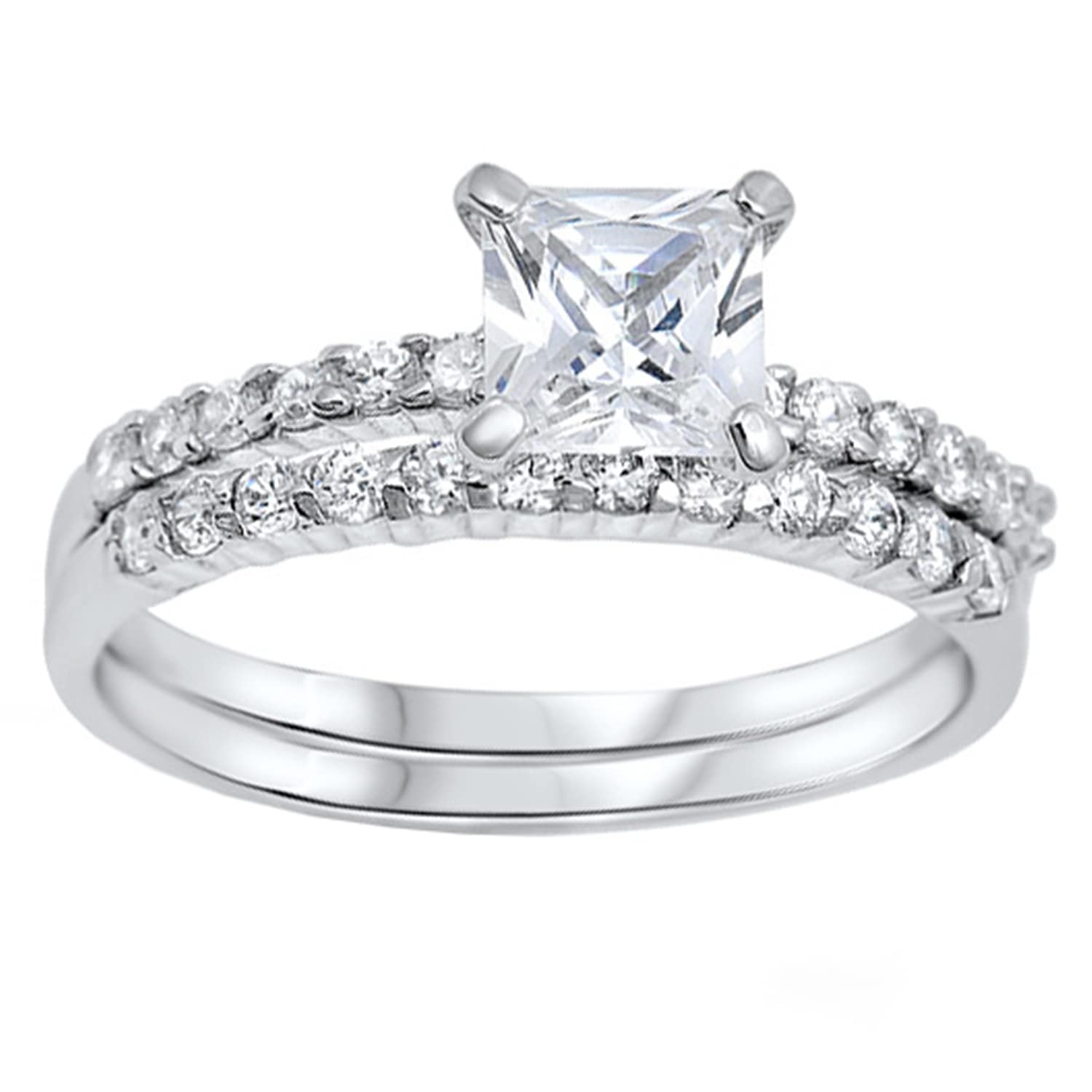 Sterling Silver Petite Princess-shape Travel Engagement Wedding Ring Set Cubic Zirconia