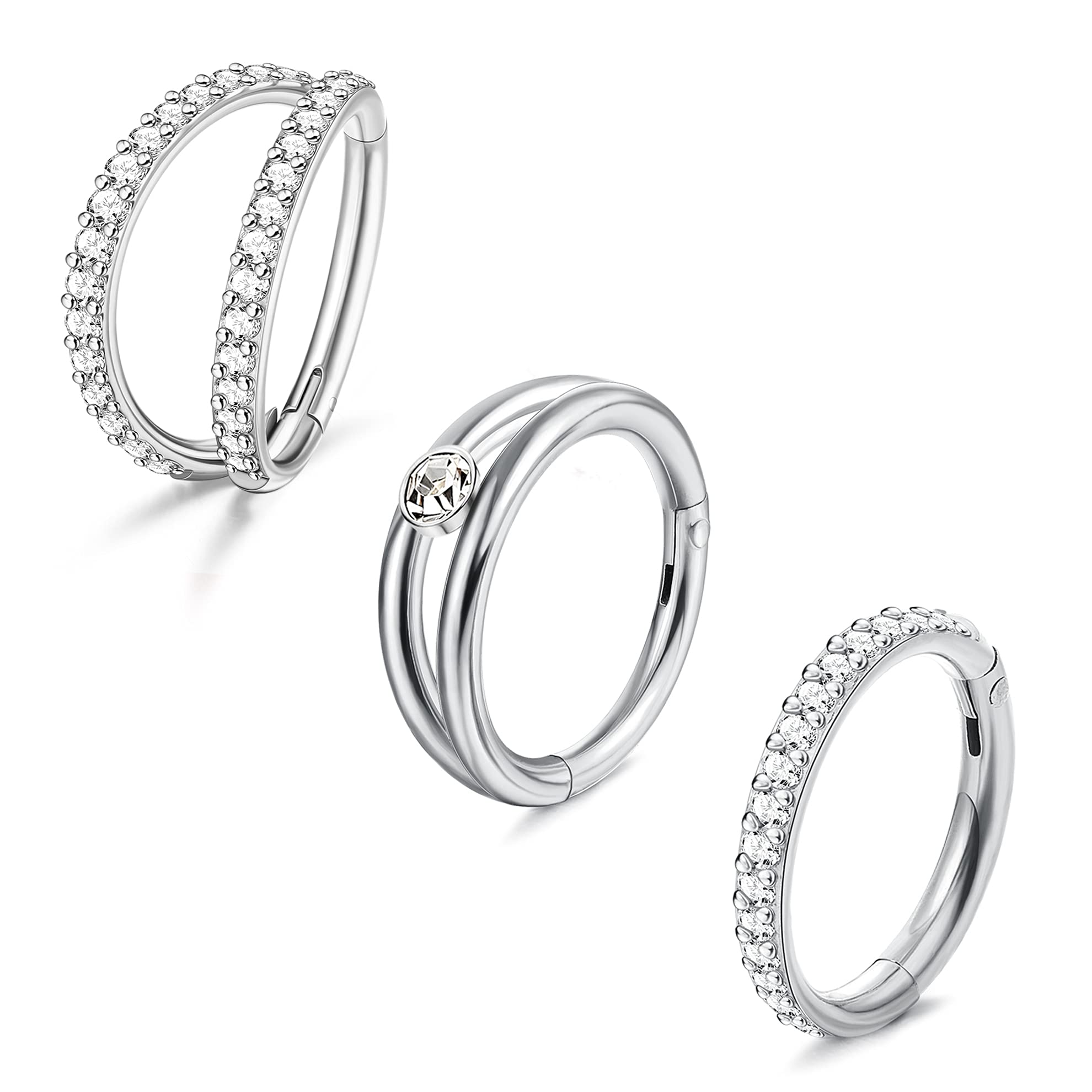 SAILIMUE 3Pcs 316L Surgical Steel Septum Clicker Nose Rings Double Open Stack Conch Daith Piercing Sleeper Earring Helix Rook Conch Cartilage Tragus Earrings Labe Nose Piercing Jewelry
