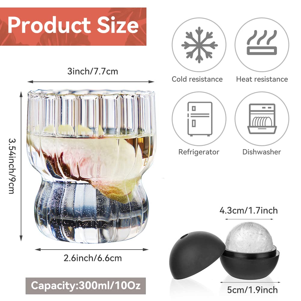 Peyan Ribbed Glass Cups,2 Pcs 9 Oz Origami Style Cups with 2 Iced Ball Molds,Vertical Stripes Bubble Glasses Drinking,Ribbed Glassware,Bubble Cups,Ripple Glassware,Ribbed Drinking, 20x15cm