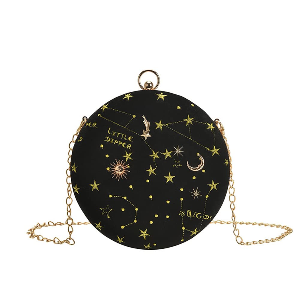 Suede Bun Bag, Embroidered Lock Bag, Sun Moon Star Cross Bag, Vintage Evening Party Bag (Black)