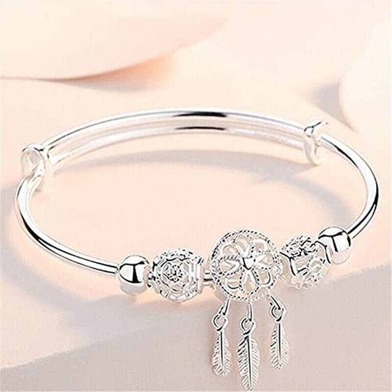 Ounmax Vintage Handmade 925 Sterling Silver Dream Catcher Bracelet Hand Bangle, Carved Adjustable Bangle Gift For Women in Birthdays, Anniversaries, Holidays And Other Special Occasions (Silver)