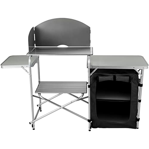 VEVOR Camping Kitchen Table, Aluminum Portable Folding Cook Station with Windscreen Cupboard, Storage Organizer Carrying Bag, Quick Installation, Outdoor Picnic Beach BBQ RV Traveling, Black