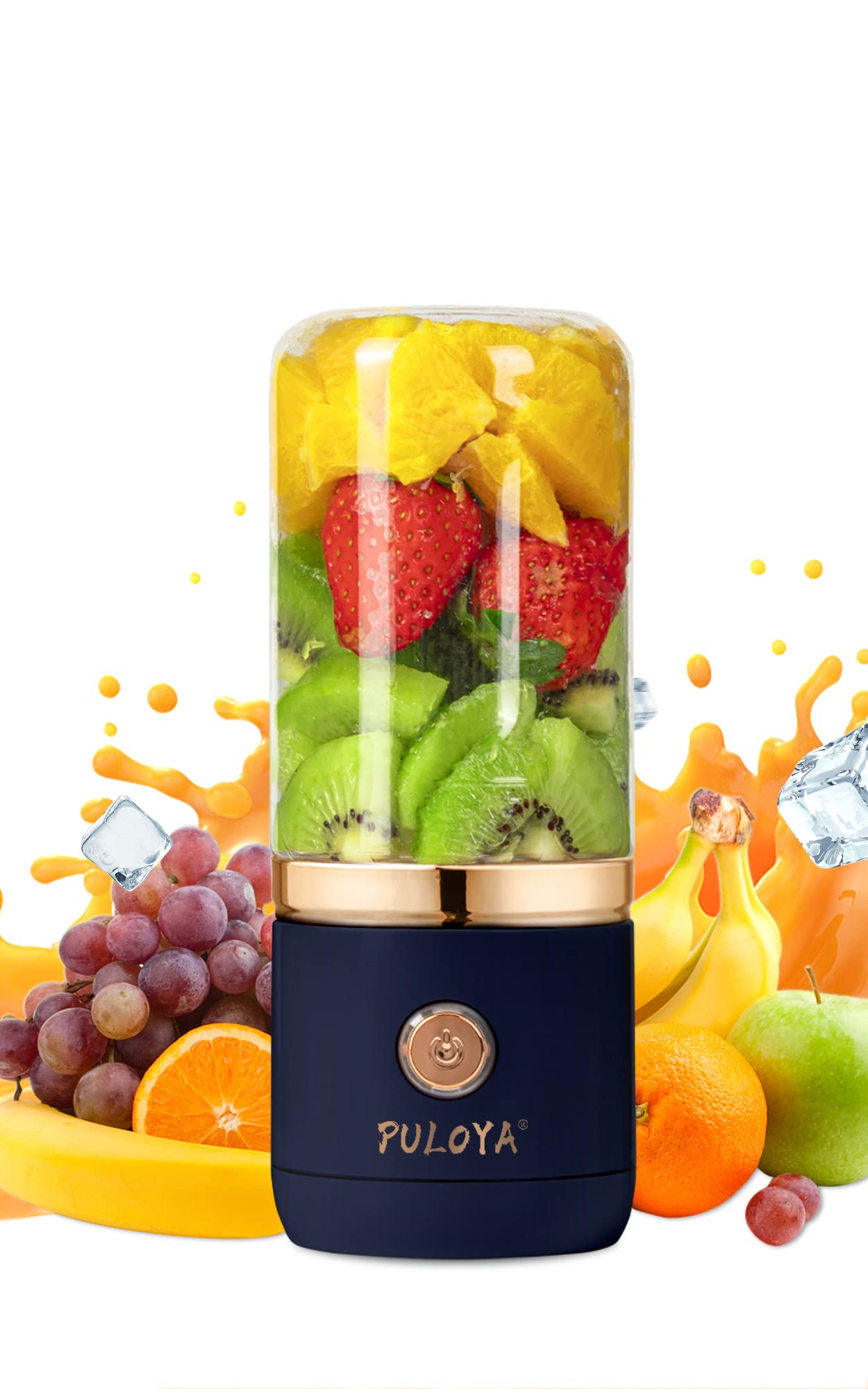 PULOYA Portable Blender, USB-C Rechargeable 14 Oz BPA Free Personal Juicer for Smoothies and Shakes with Travel Cup and Lid, Deep Blue