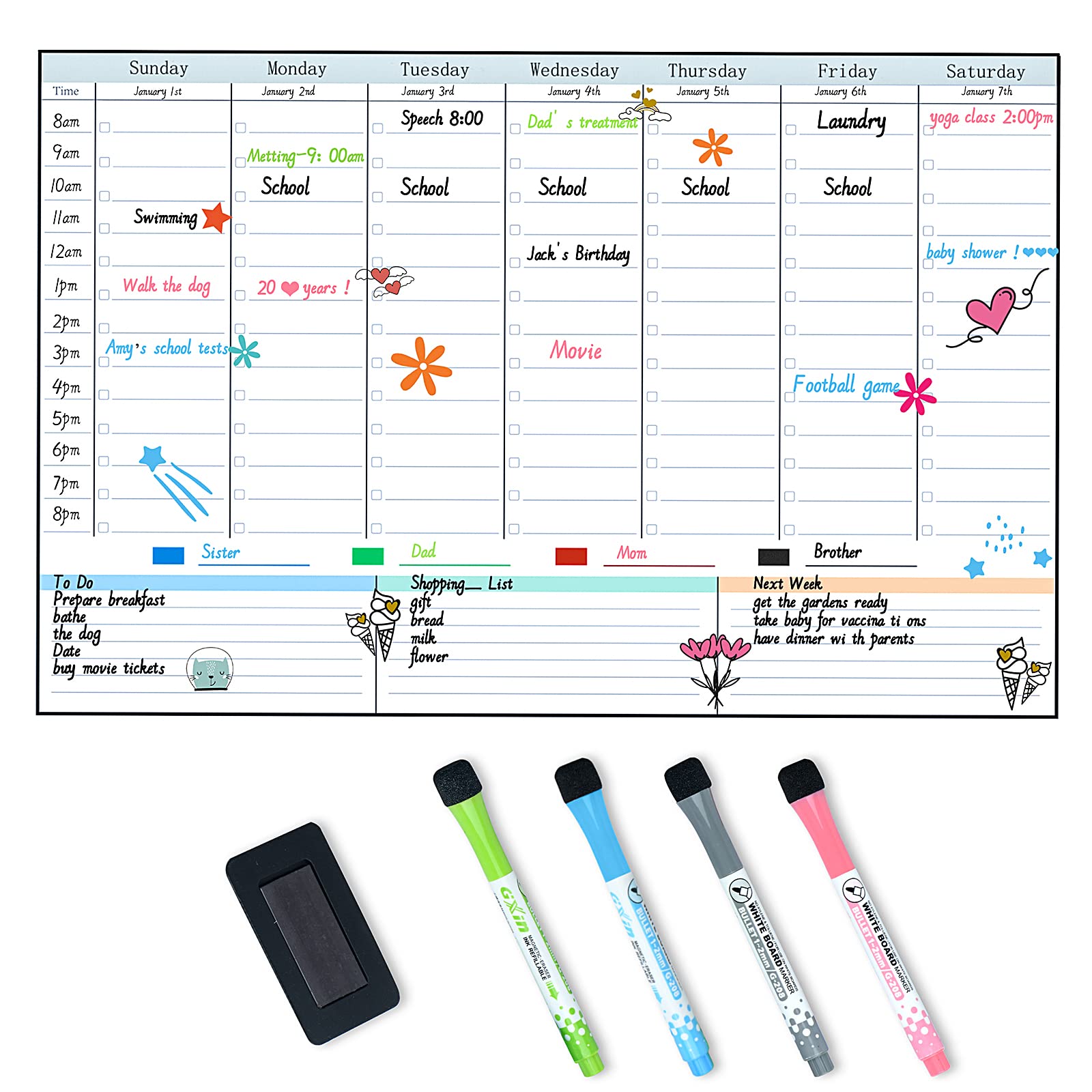 POPRUN Magnetic Weekly Dry Erase Board Calendar for Fridge, 16.9"x11"Schedule Board, Weekly Planner Whiteboard Calendar with Hourly Time Slots To Do List Perfect as Planner Board for School and Family