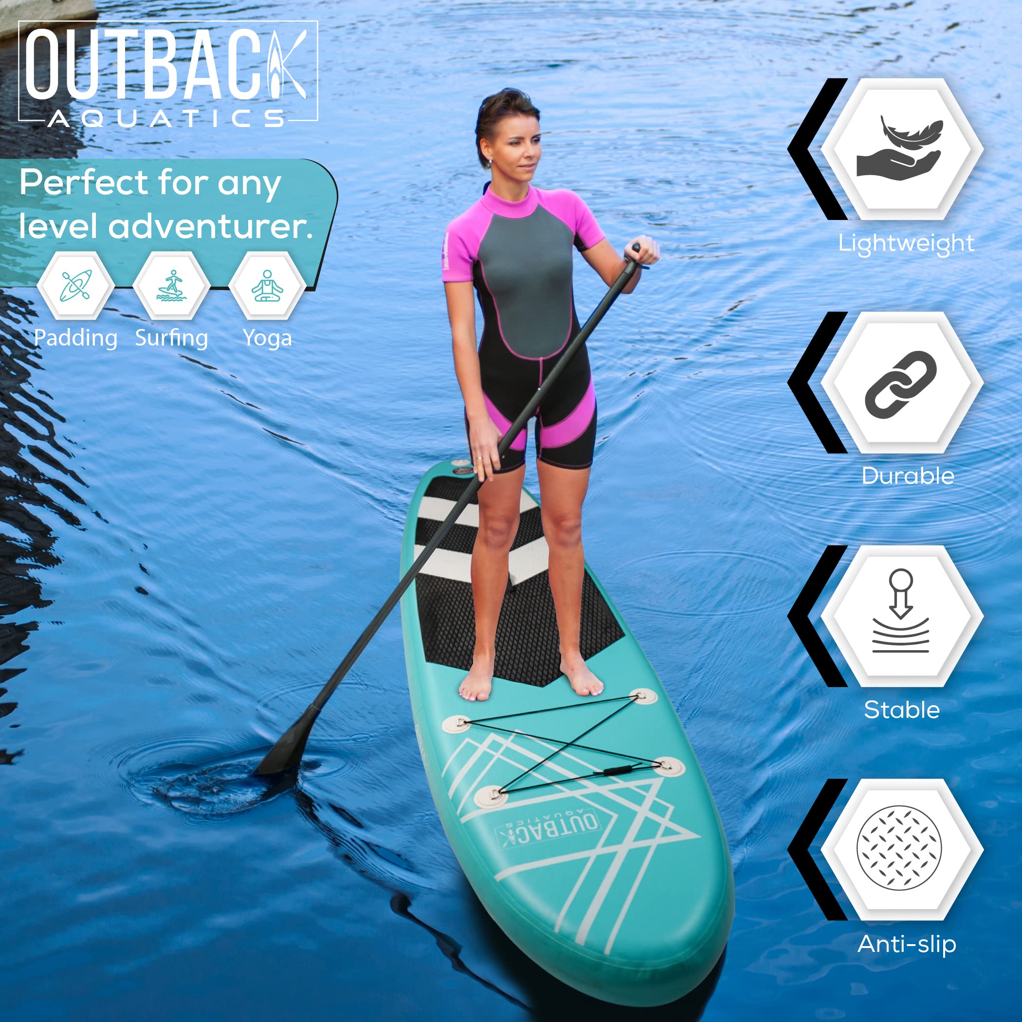 Outback Aquatics Inflatable Paddle Board with Premium SUP Paddle Board Accessories - 10ft 6" Non-Slip with Ankle Safety Leash, Aluminium Paddle, Air Pump, Storage Bag, Lightweight and Portable