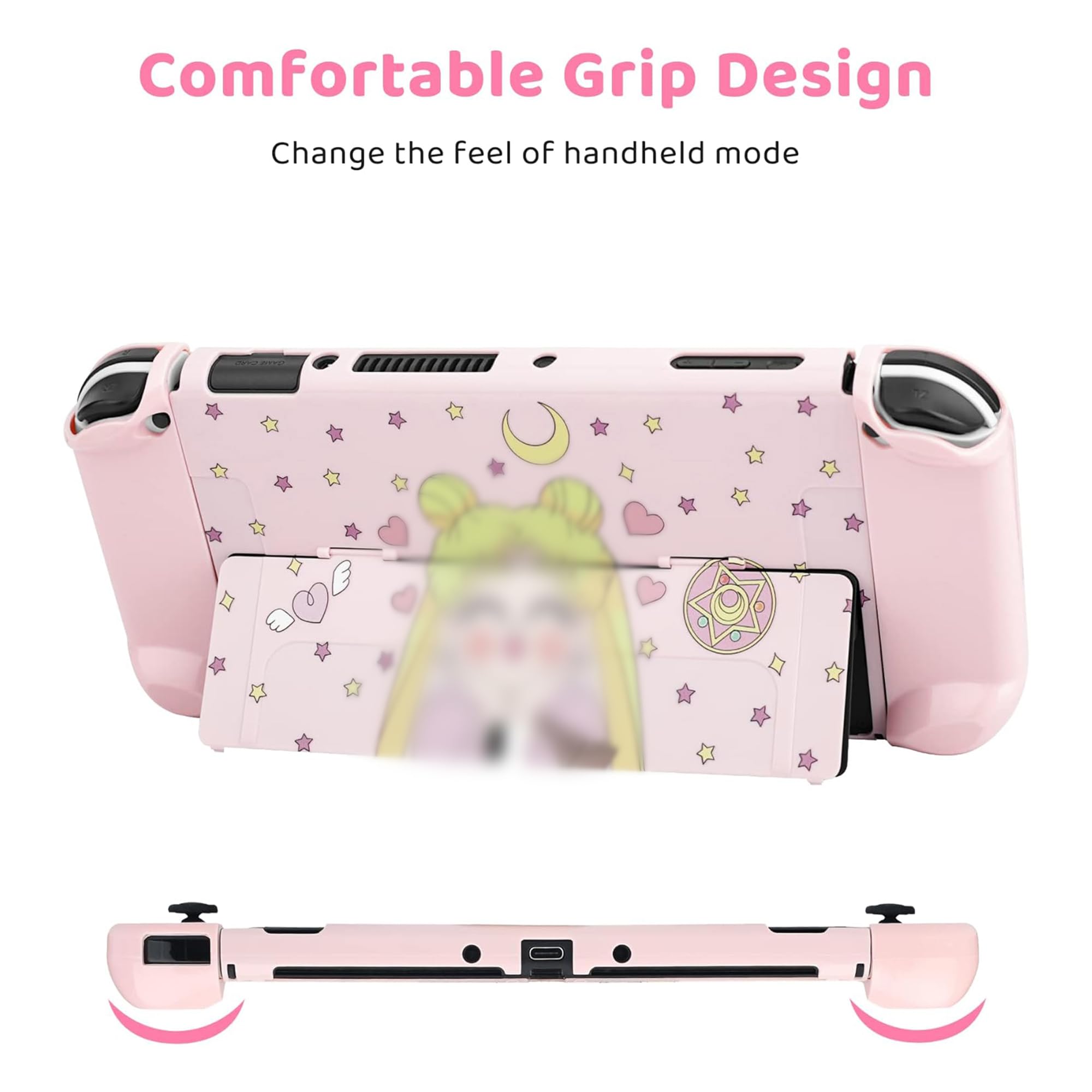 RHOTALL Pink Protective Case for Nintendo Switch OLED with Cute Girl Pattern, Anime Theme Cover Case Compatible with Switch OLED and Joycon Controller with Screen Protector and 4 Thumb Caps