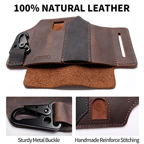 WILNARA Leather EDC Holster Multitool Sheath for Belt, Tactical Pen Holster, Flashlight Holster, Everyday Carry Retro Pocket with Keychain, Handy & Durable(Dark Brown)