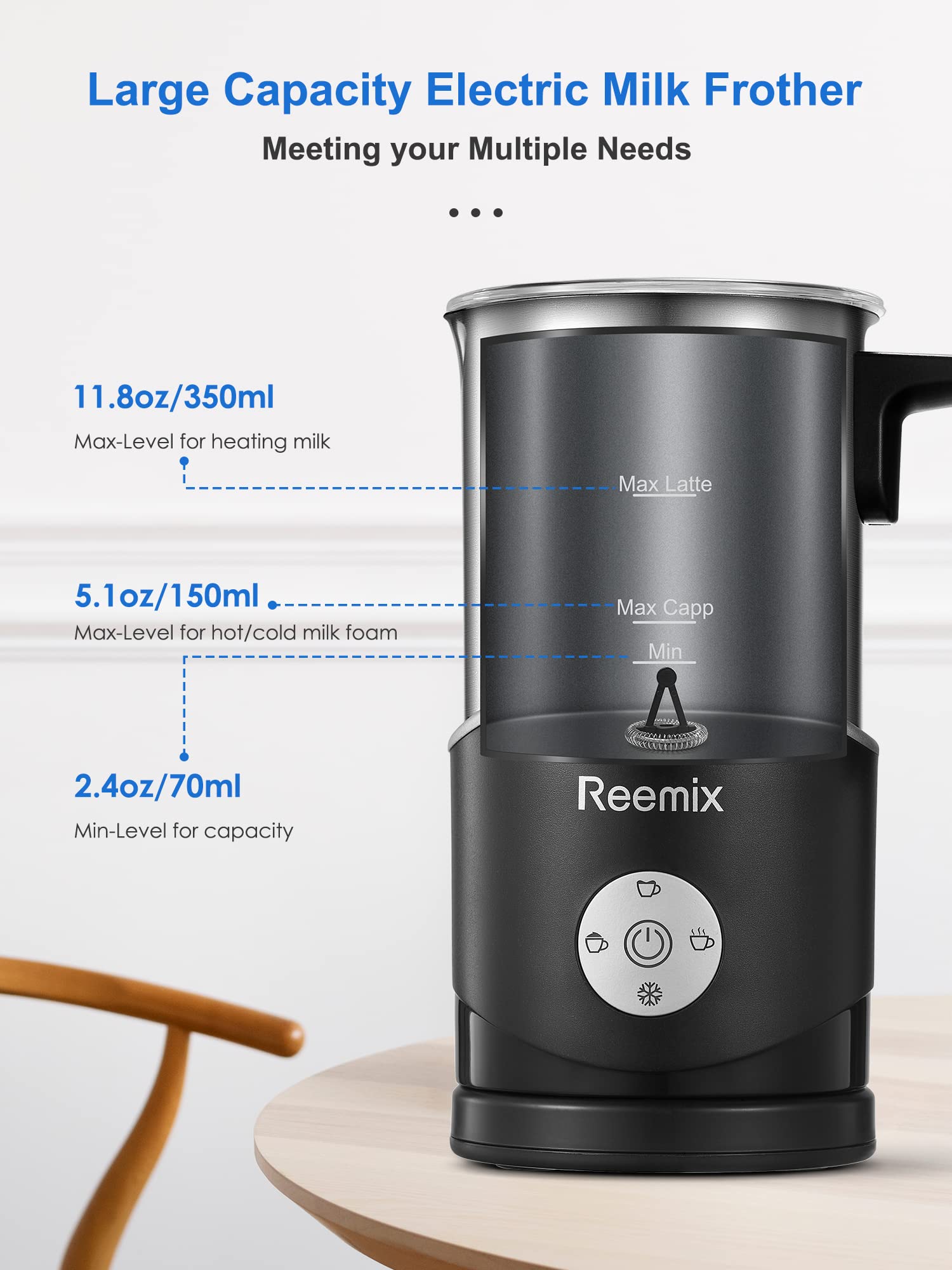 Milk Frother, Reemix 11.8oz Electric Milk Steamer Soft Foam Maker With Large Open,4 IN 1 Multifunction for Hot & Cold Froth, Automatic off & Easy Cleaning,Silent Operation (Silver)