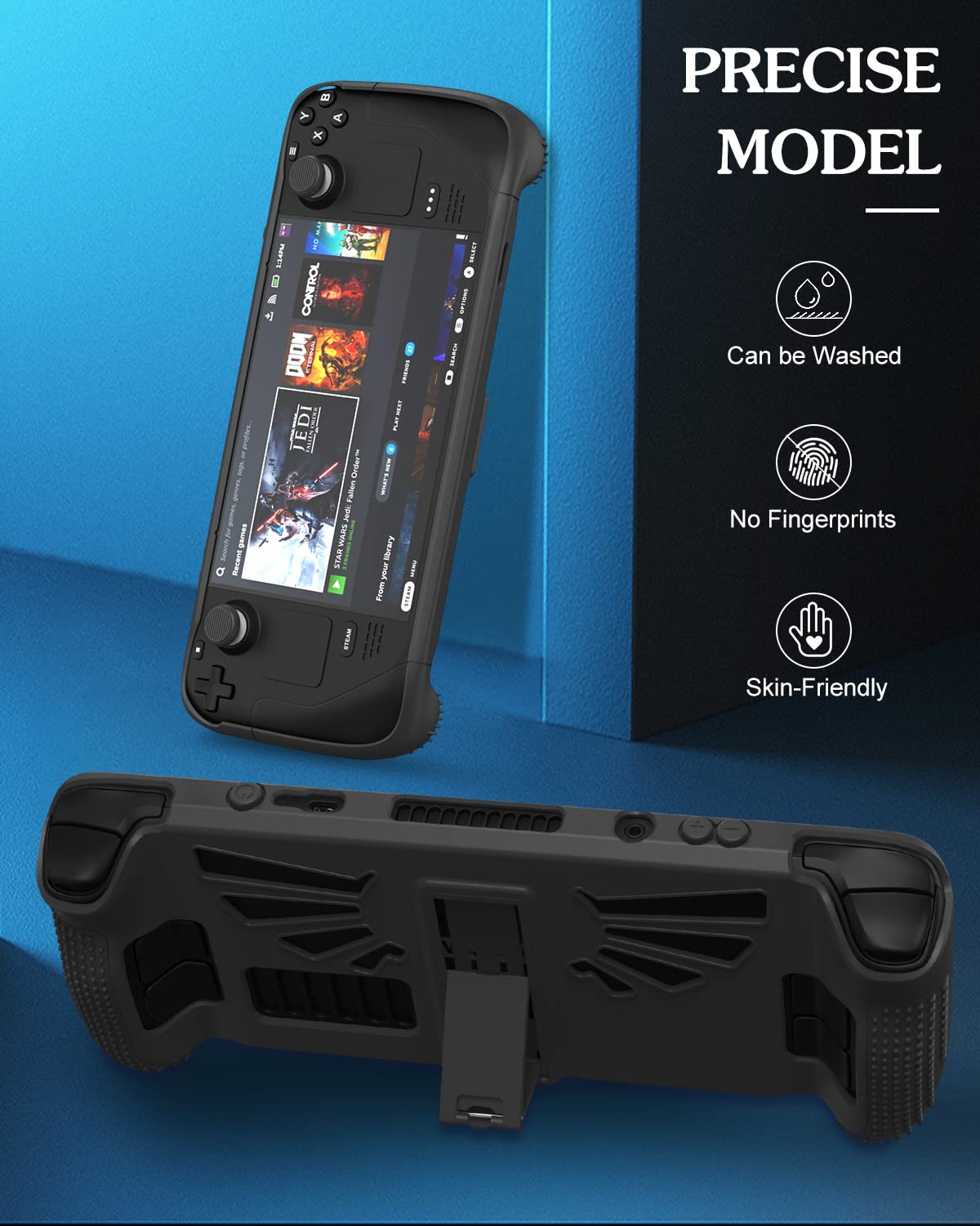 SUIHUOJI Steam Deck Case with Kickstand, Stand Base Accessories Protector for Valve Steam Deck Console, Stream Deck Protective Cover Skin Shell with 2Pairs Silicone Thumb Grips Caps, TPU+PC Case Black