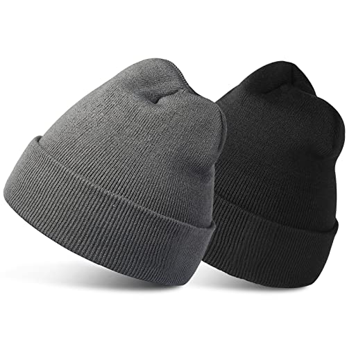 RUN BRAIN GO 2 Pack Beanie Hats for Men Women Knitted Caps (Black/Light Gray)