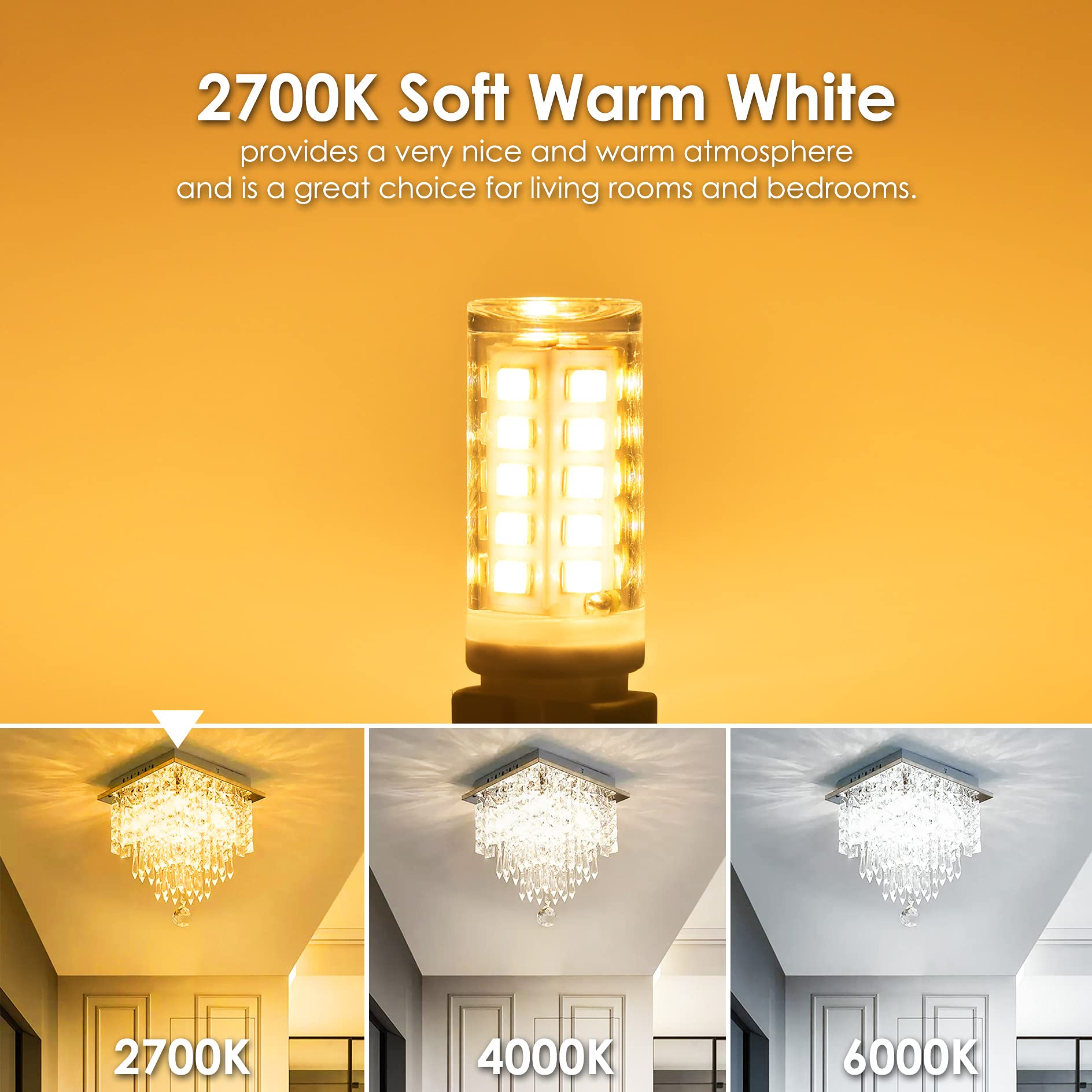 Sailstar G9 LED Bulb Dimmable 2700K Soft Warm White 6 Pack, T4 G9 4W Replacement for 40 Watts Halogen, Ceramic Bi Pin Base, 120V 400 Lumen 360°Beam Angle, G9 Light Bulbs for Chandelier
